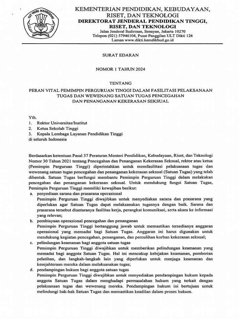 Surat Edaran Nomor 1 Tahun 2024 Tentang Peran Vital Pimpinan Perguruan Tinggi Dalam Fasilitasi ...