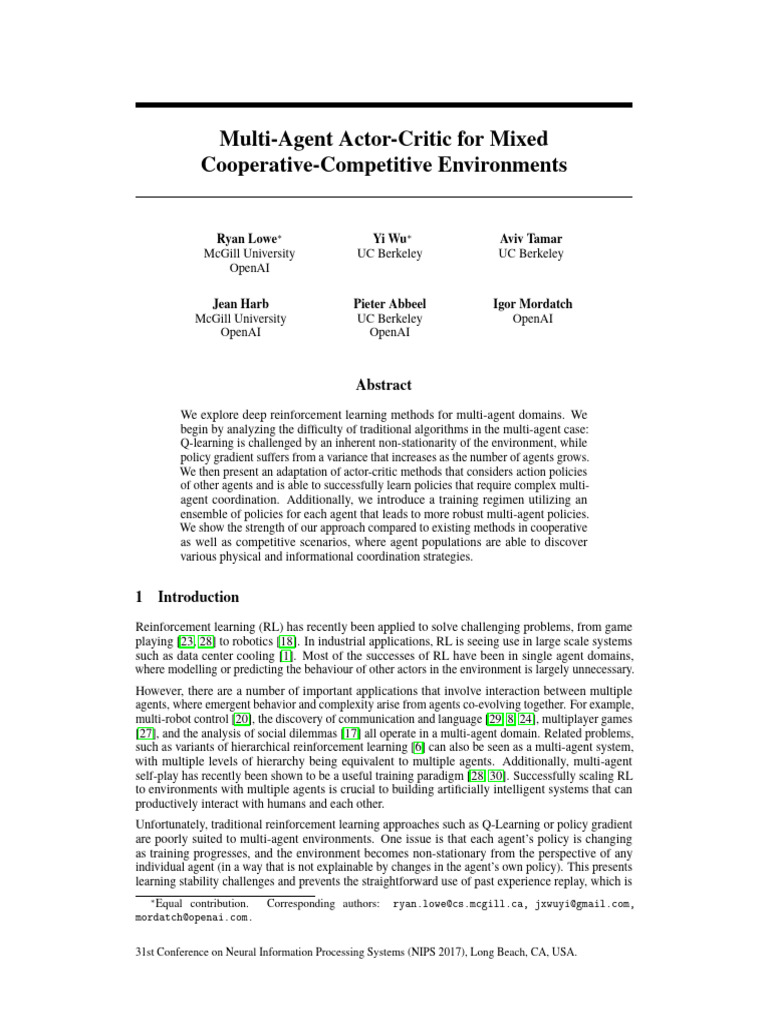 NIPS 2017 Multi Agent Actor Critic For Mixed Cooperative Competitive Environments Paper | PDF ...