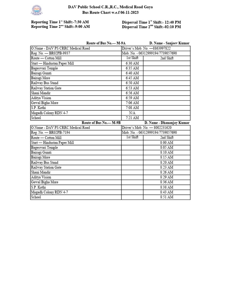 Revised Route Chart of Bus No M-9A&B M-10A&B M-14 M-17 M-20 M-22 M-23 ...