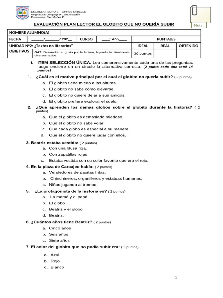 Evaluación El Globito Que No Queria Subir | PDF