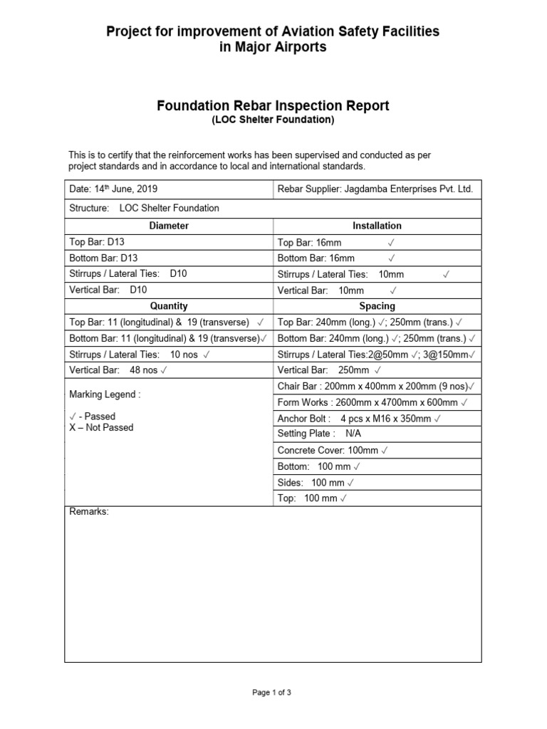 Shelter Foundation Rebar Inspection Report | PDF | Concrete | Metalworking