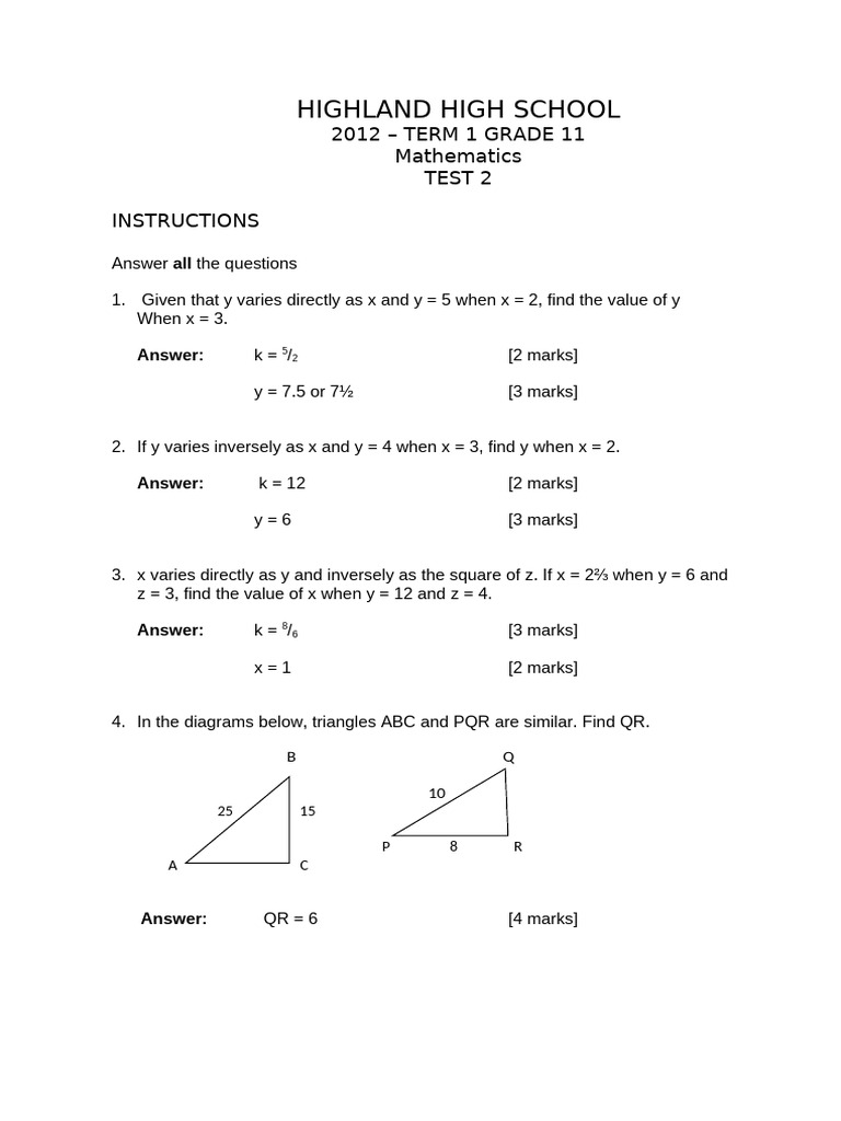 Grade 11 Math Test 2 Solutions | PDF