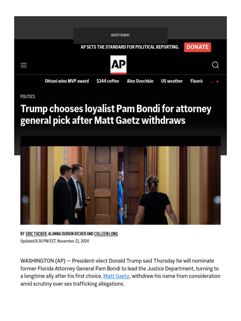 Trump Chooses Loyalist Pam Bondi For Attorney General Pick After Matt ...
