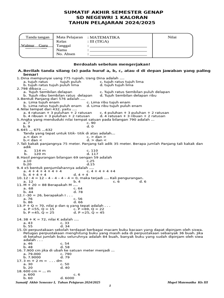 Soal Matematika Kelas 3 Semester 1 Fix | PDF