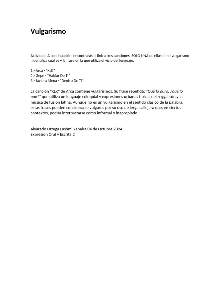 Vulgarismos en la canción "KLK" | PDF