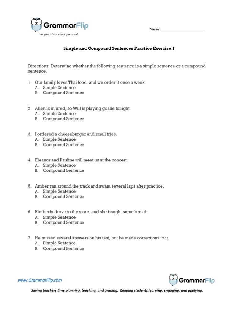 Simple and Compound Sentences GrammarFlip Worksheet PE1 | PDF