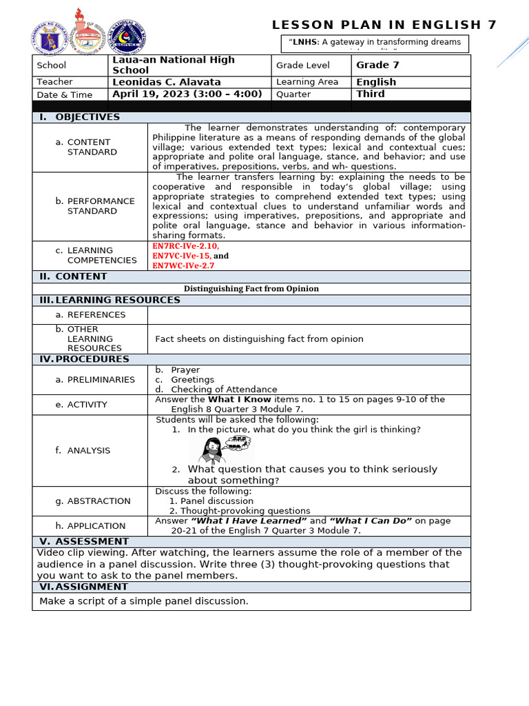Lesson Plan in English 7 - COT - 4thquarter | PDF | Learning | Lesson Plan
