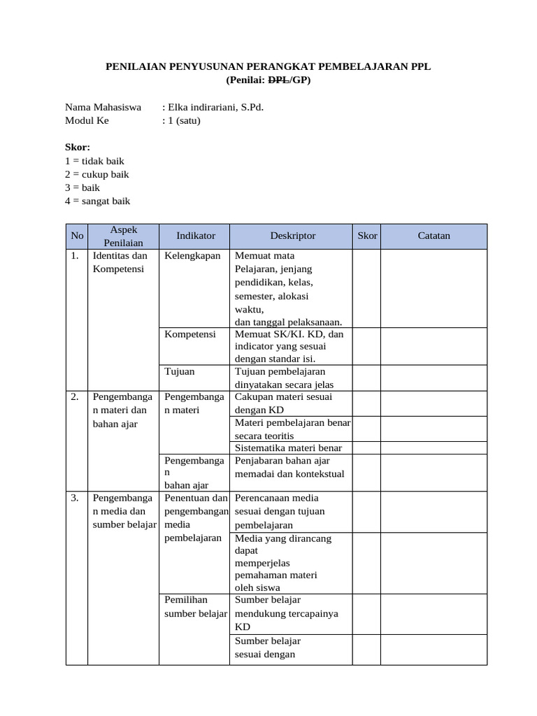 Penilaian PPL Guru Pamong Siklus 1 | PDF