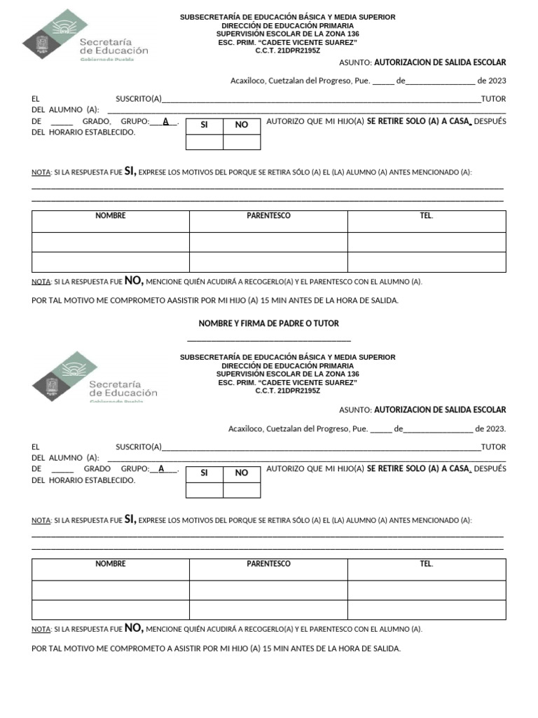 Autorizacion de Salida Escolar | PDF