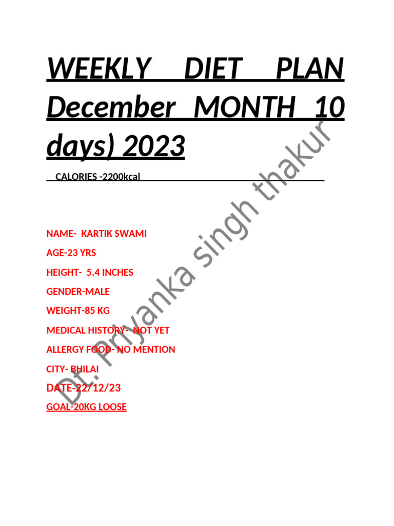 Weekly Diet Plan December Month 10 Days | PDF | Lunch | Cooking