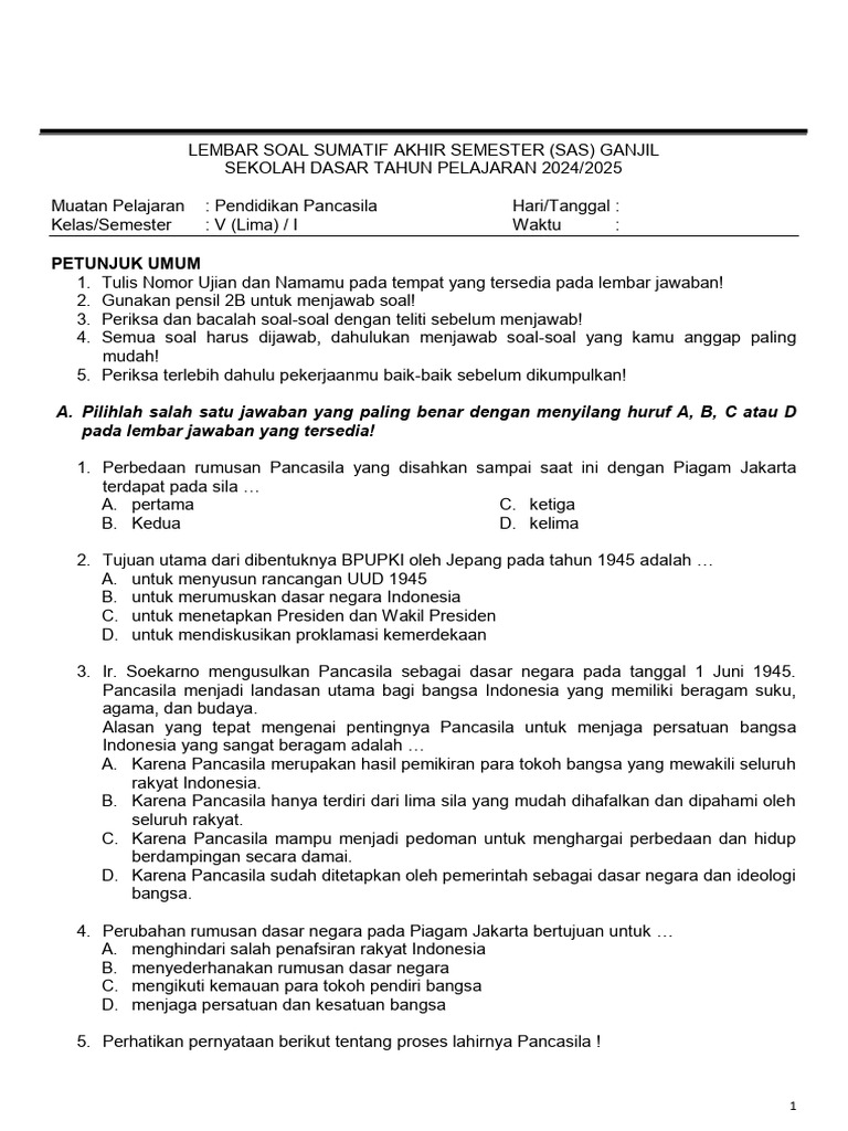 Naskah Sas Pendidikan Pancasila Kelas 5 Ganjil | PDF