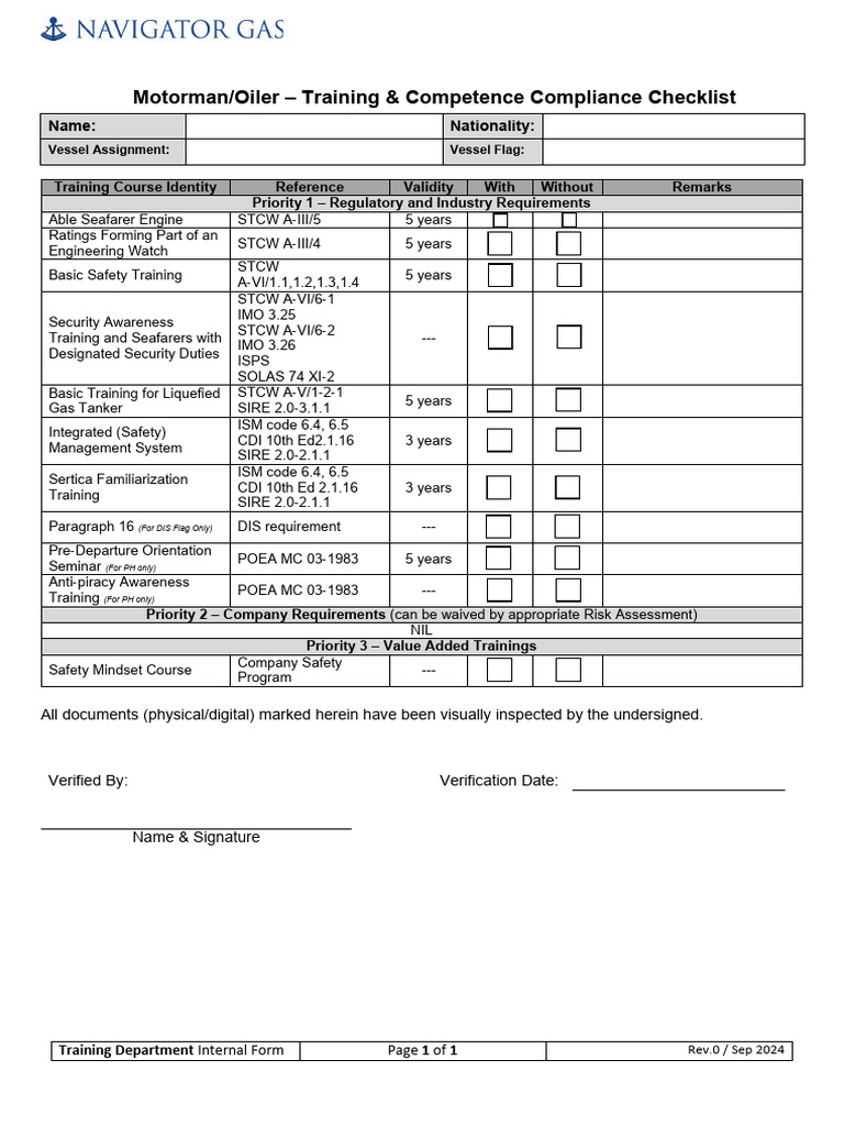 MTM - Training & Competence Compliance Checklist | PDF | Safety | Law Of The Sea