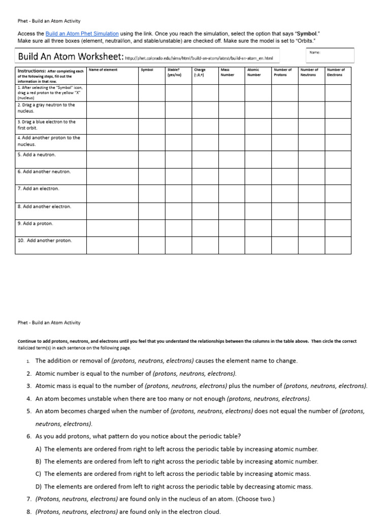 Build An Atom Worksheet PhET | PDF | Atoms | Proton