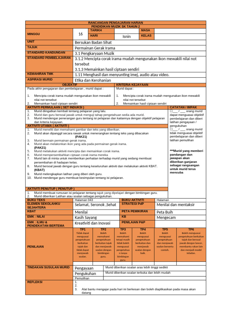 M16 RPH Pendidikan Muzik THN 2 2024-2025 by Cikgu Gorgeous | PDF
