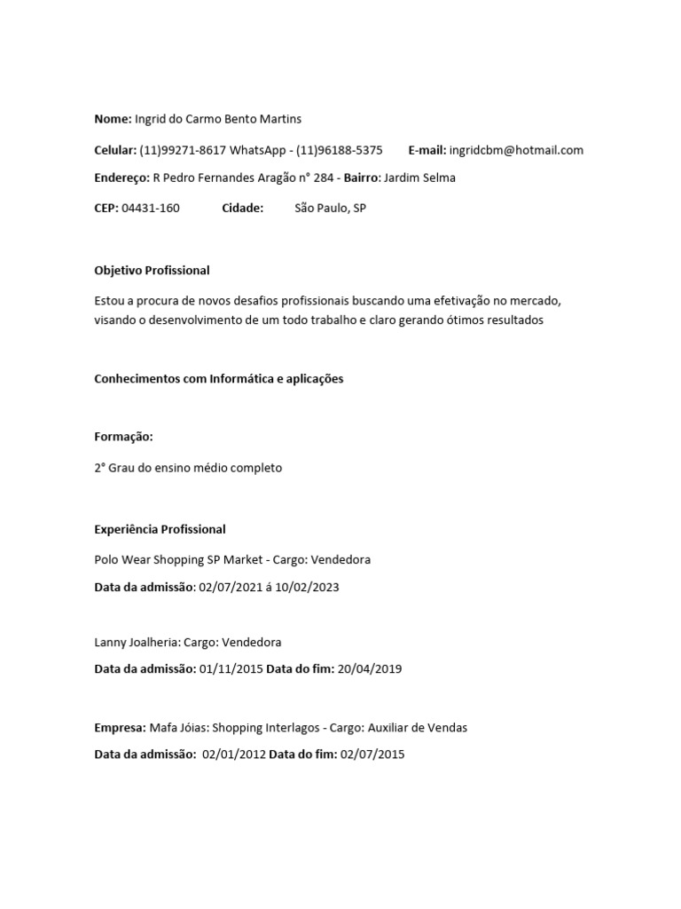 CV Ingrid 2023 1 | PDF | Carreira e Crescimento