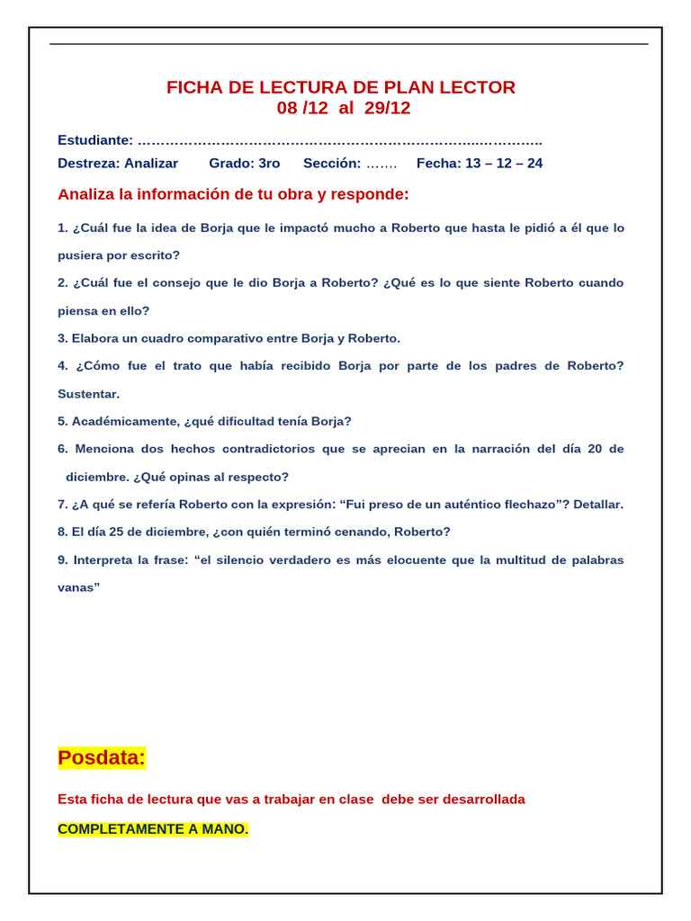 Ficha de Lectura: Análisis de Personajes | PDF | Juegos y actividades