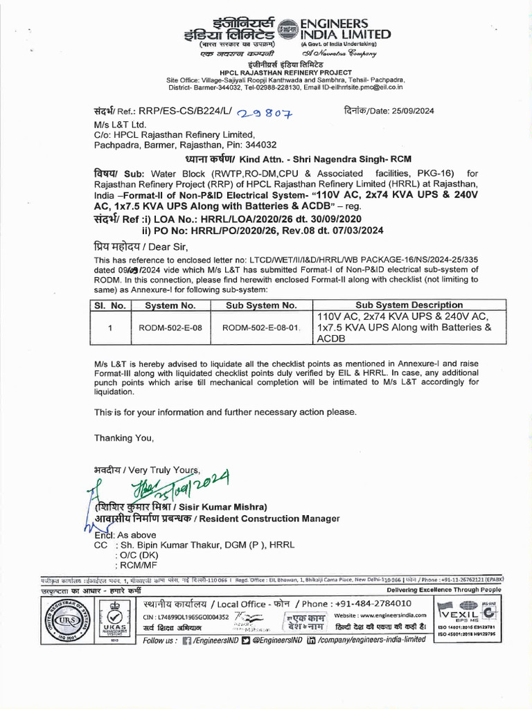 Pkg.-16 L&T-29807, Regarding Format - II For Non P & ID Electrical ...