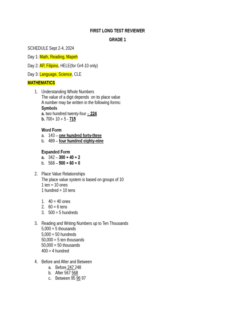 Grade 1 Long Test Reviewer Guide | PDF | Silence | Sound