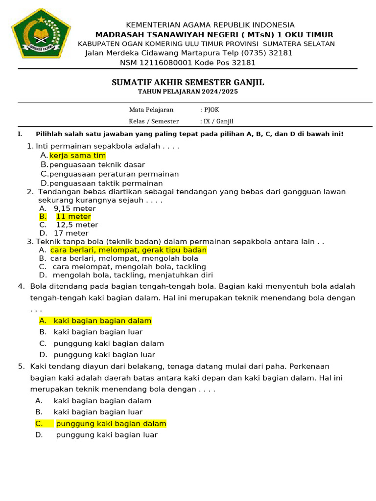 Ujian PJOK Kelas IX Semester Ganjil | PDF