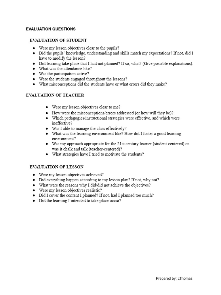 Lesson Evaluation Questions | PDF