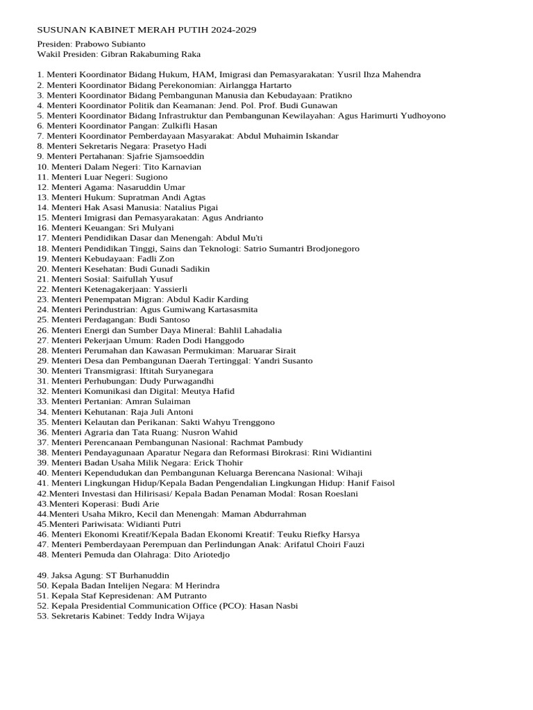 Kabinet Merah Putih 2024-2029 | PDF