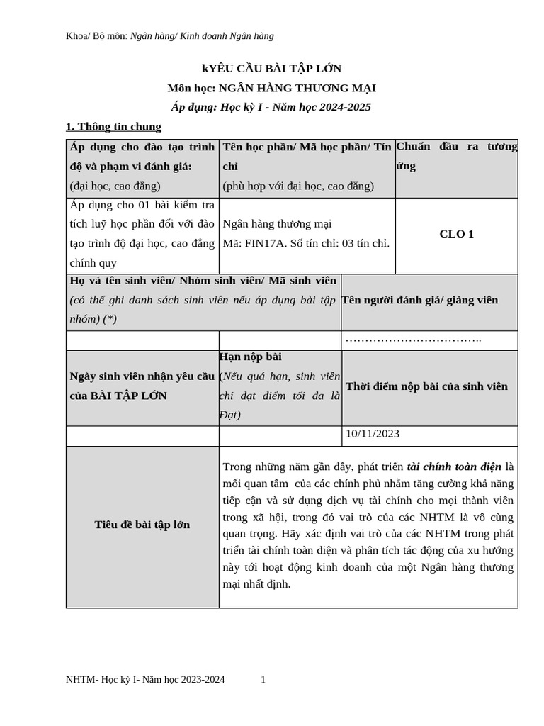 BTL (Đề 3) - NHTM 2024-2025 | PDF