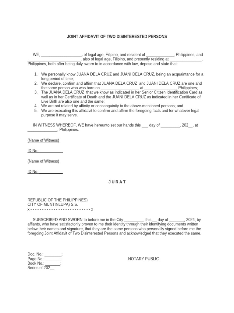 Joint Affidavit Template for Disinterested Persons | PDF