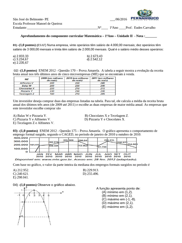 Prova mat 1 ano 2 | PDF
