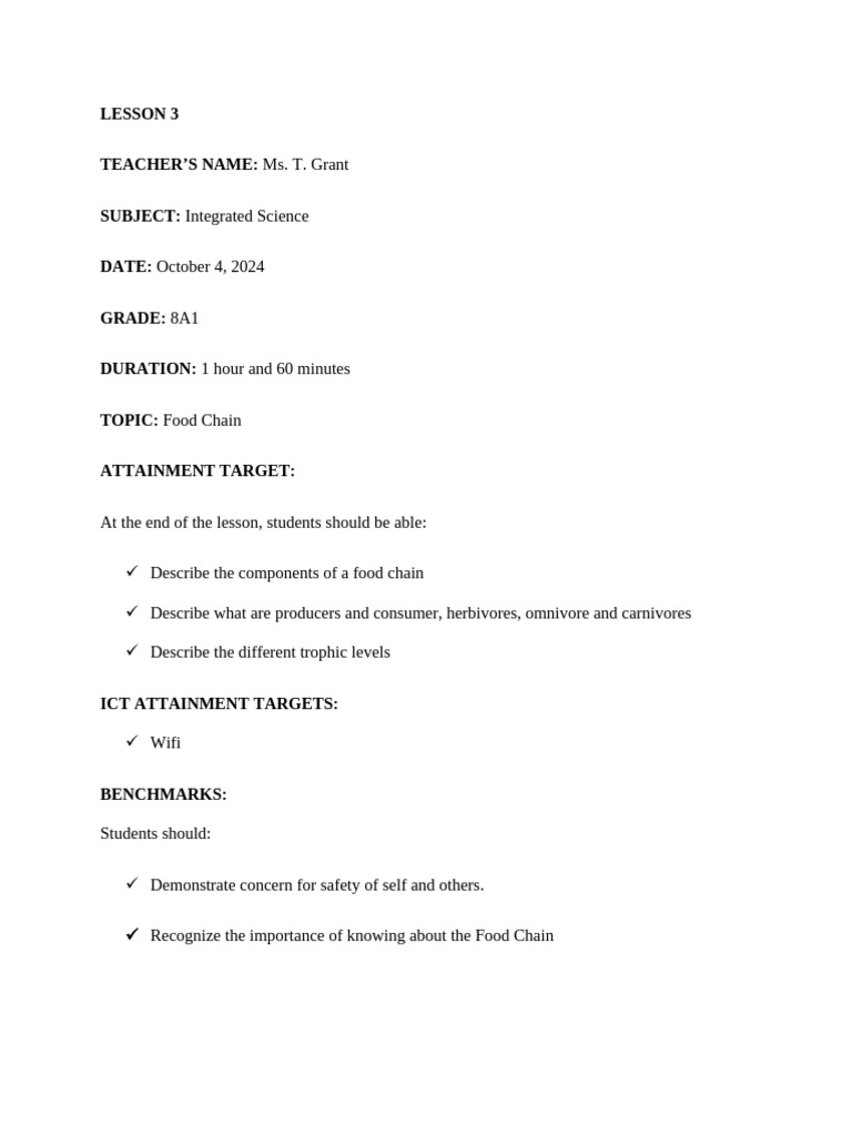 Lesson 2 8A1 - 3B Food Chain | PDF | Foods | Herbivore