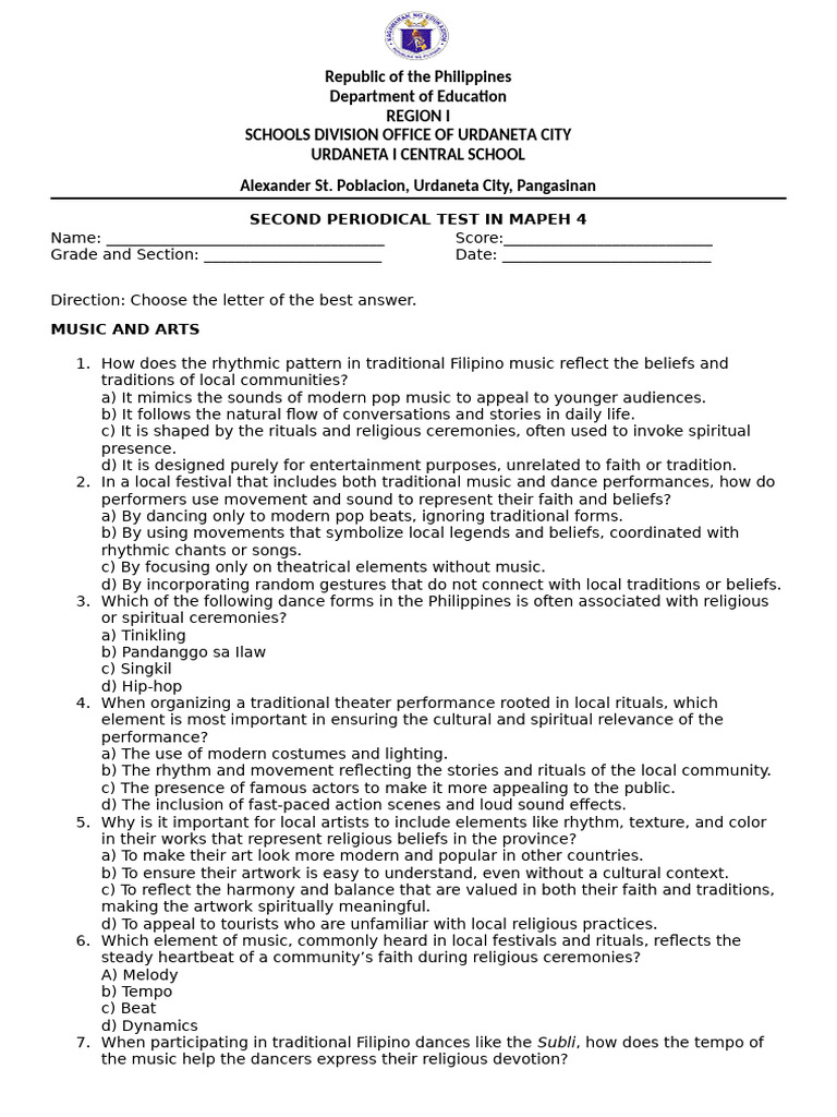 Periodic Test - G4 Matatag Mapeh 4 - Quarter 2 | PDF | Dances | Rhythm