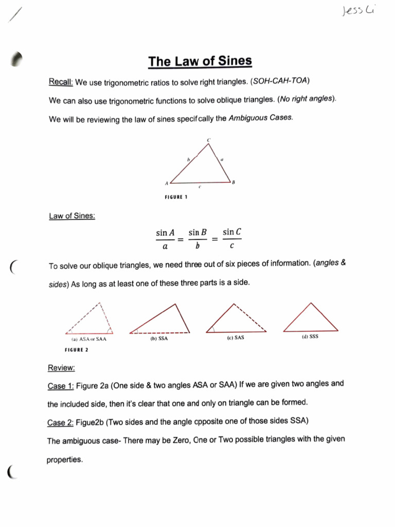 Laws of Sine & Cosine and Ambiguous Triangles | PDF | Trigonometric ...