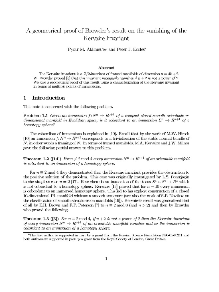 A Geometrical Proof of Browder's Result On The Vanishing of The Kervarie Invariant | PDF