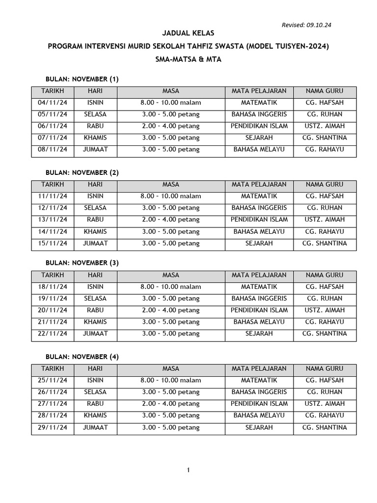 Jadual Program Intervensi (Model Tuisyen) - Nov | PDF Jadual Program Intervensi (Model Tuisyen) - Nov | PDF