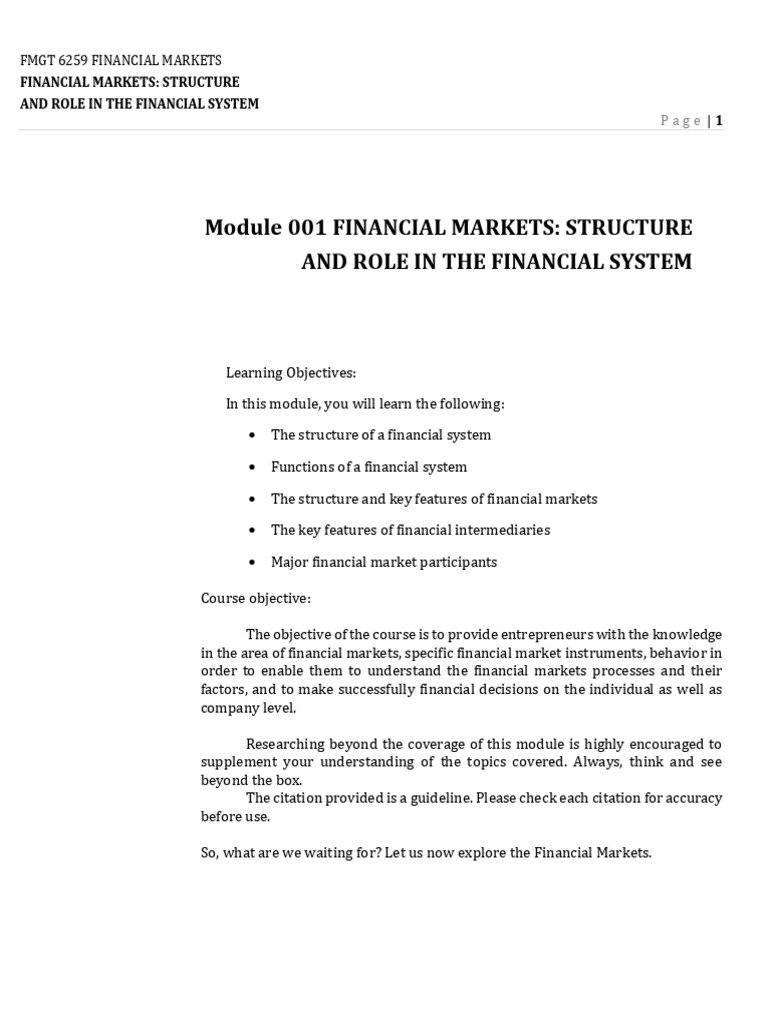 Module 1 - FINANCIAL MARKETS - STRUCTURE AND ROLE IN THE FINANCIAL ...