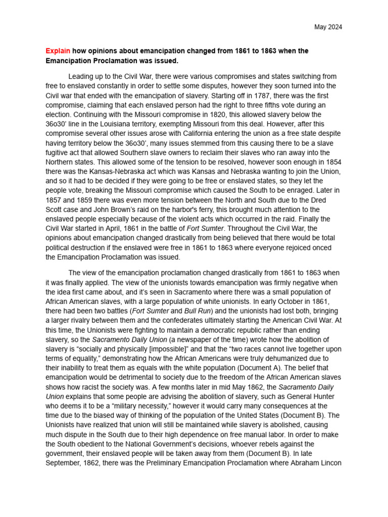 Explain How Opinions About Emancipation Changed From 1861 To 1863 When ...