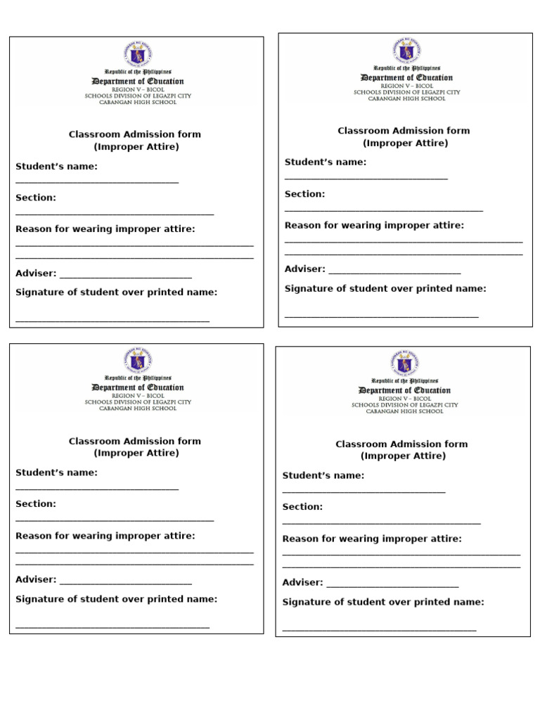 Classroom Admission Form For Improper Attire | PDF | Career & Growth ...