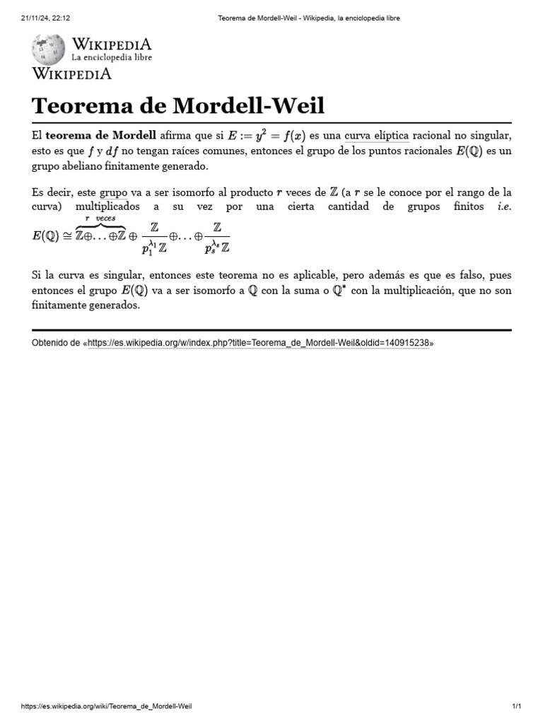 Teorema de Mordell - Wikipedia, La Enciclopedia Libre | PDF