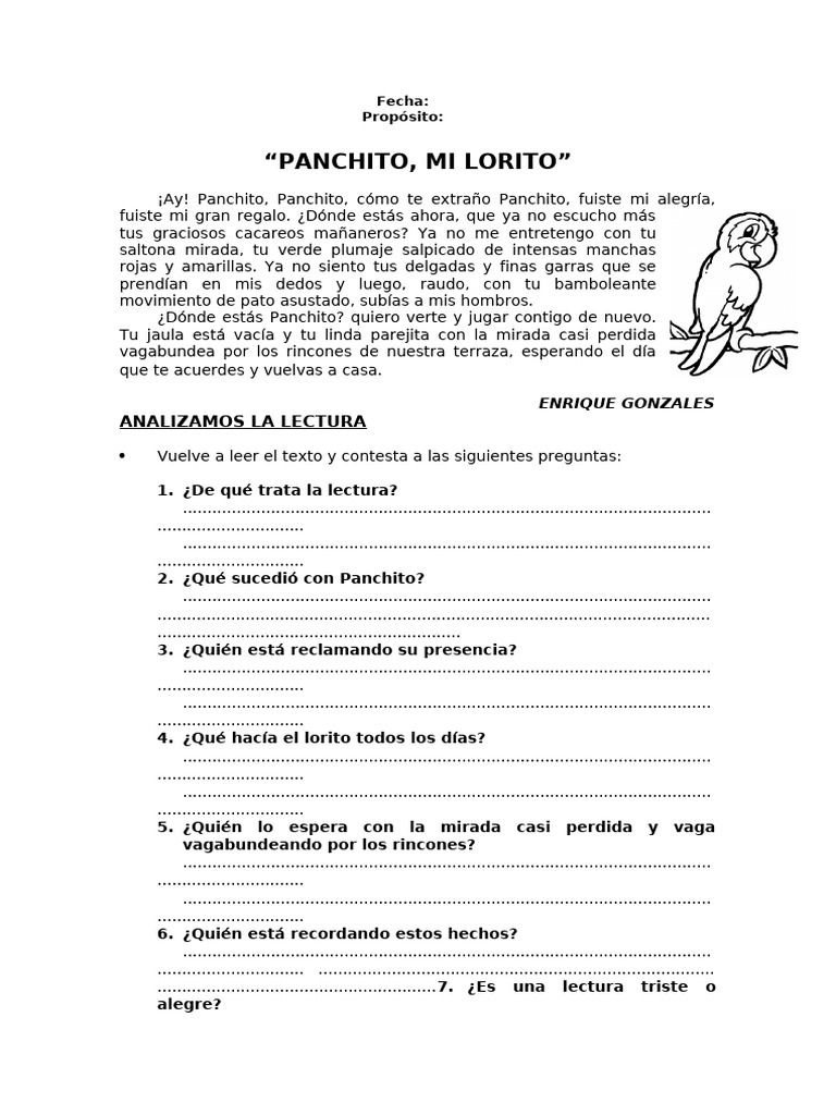 Lectura Comprensiva Panchit Mi Lorito Noviembre | PDF