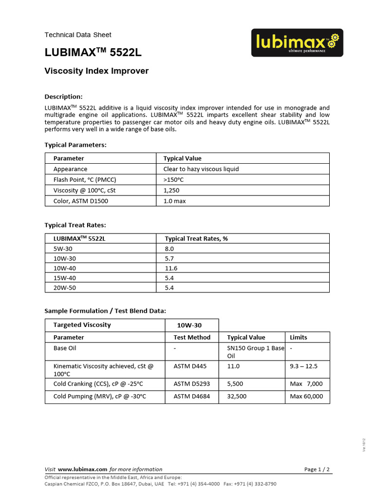 TDS LUBIMAX 5522L | PDF | Viscosity | Motor Oil