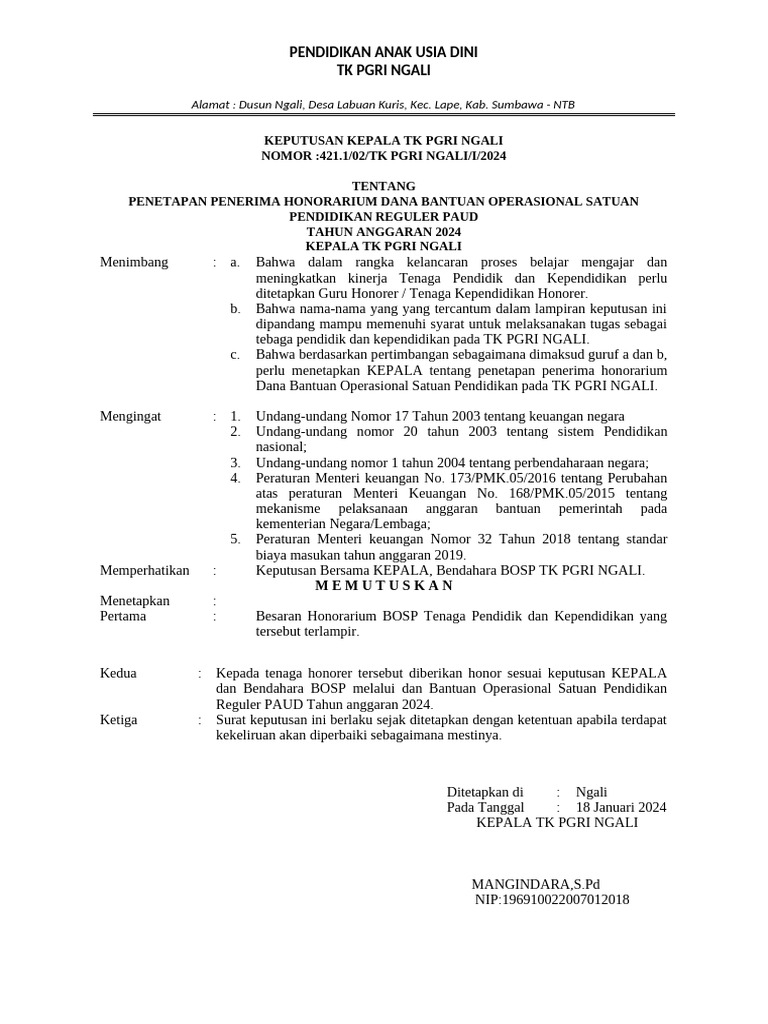 SK Honorarium Guru PAUD 2024 | PDF