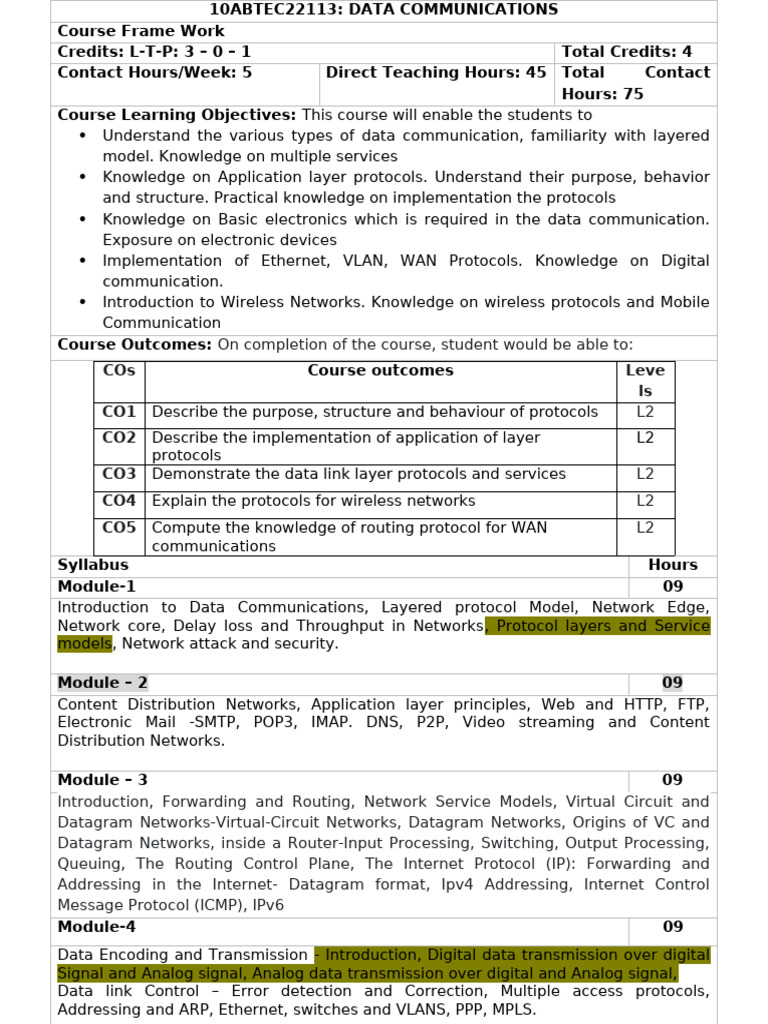 Data Communications Syllabus | PDF | Computer Network | Internet Protocols