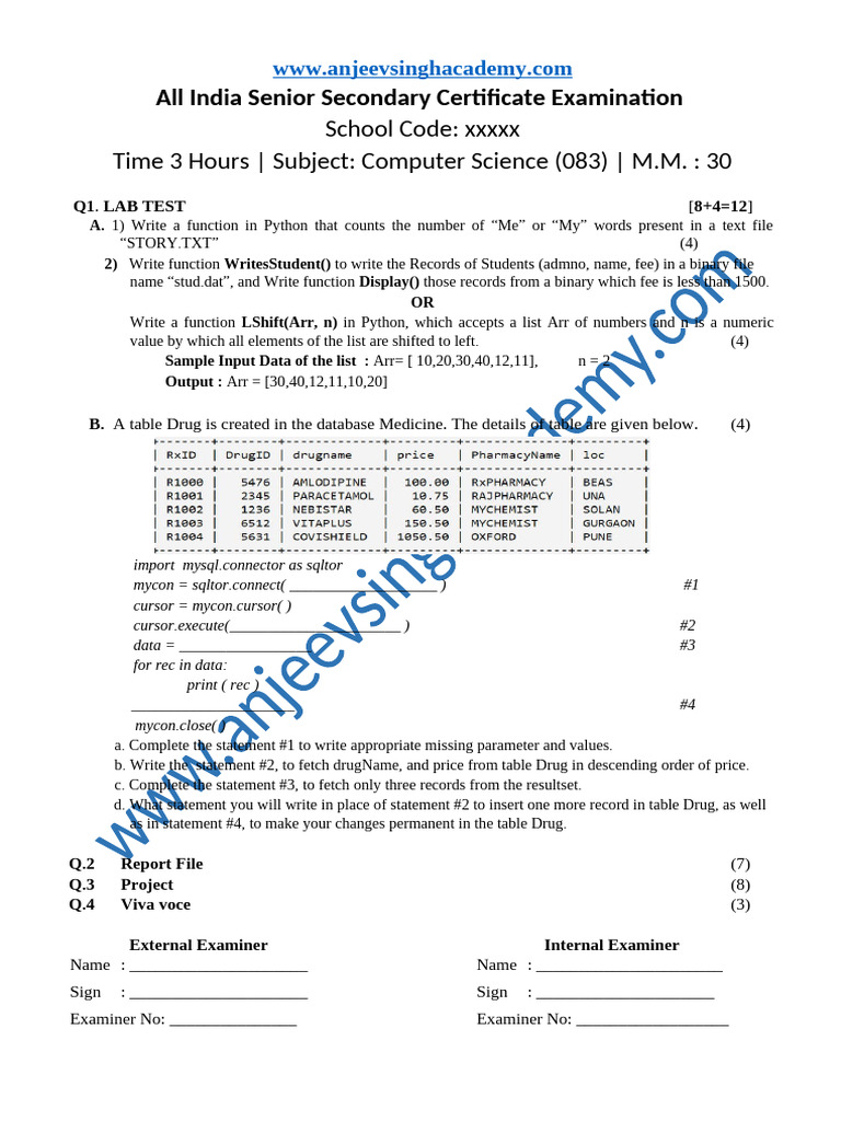 AISSCE Computer Science PRACTICALS QP 3 | PDF | Computer Science | Computer Programming