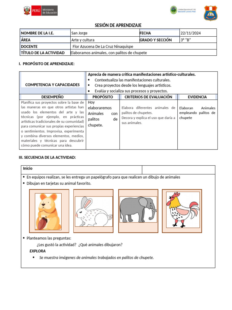 3° SESION DE APRENDIZAJE 22 Noviembre A y C Elaboramos Animales Con Palitos de Chupete.2024 ...