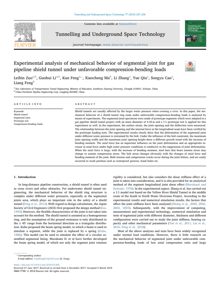 Experimental Analysis of Mechanical Behavior of Segmental Joint For Gas Pipeline Shield Tunnel ...
