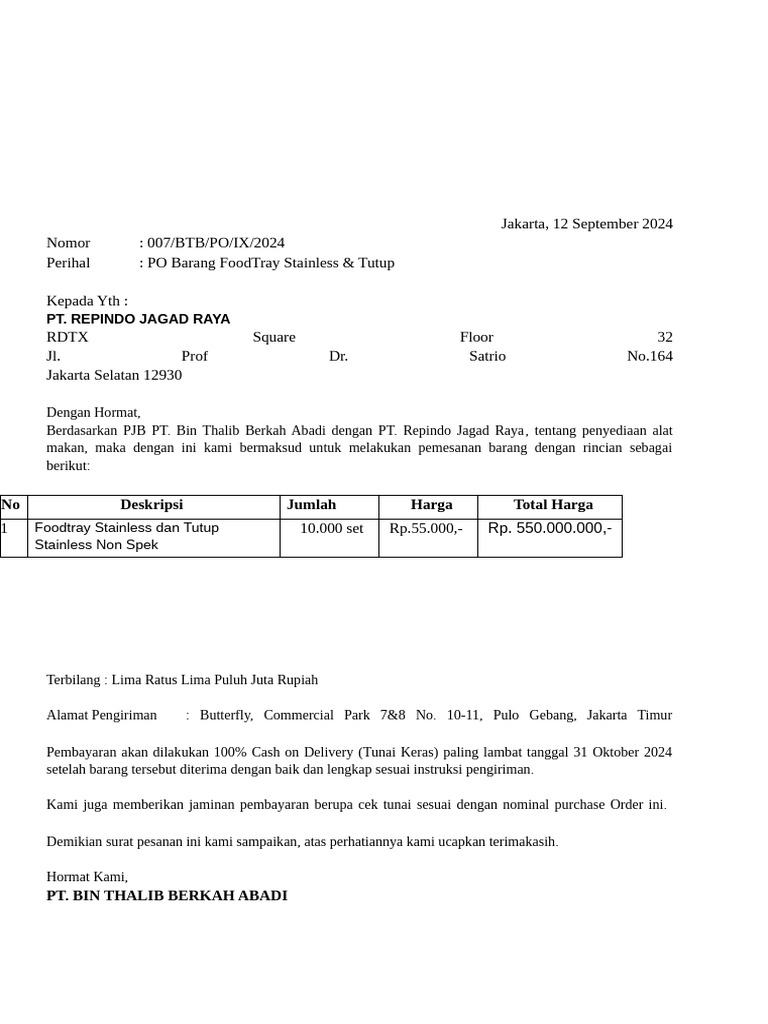 Surat PO 10rb FoodTray PT BTB 007 | PDF