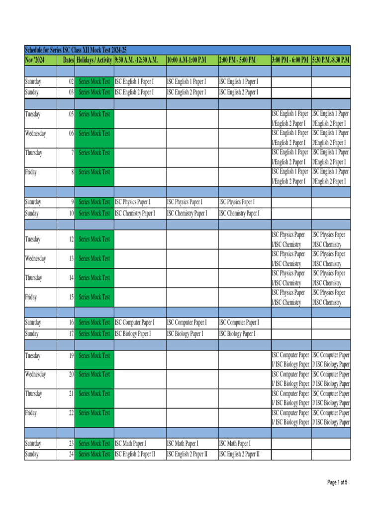 ISC Class 12 Mock Test Schedule 2024 | PDF | Science & Mathematics