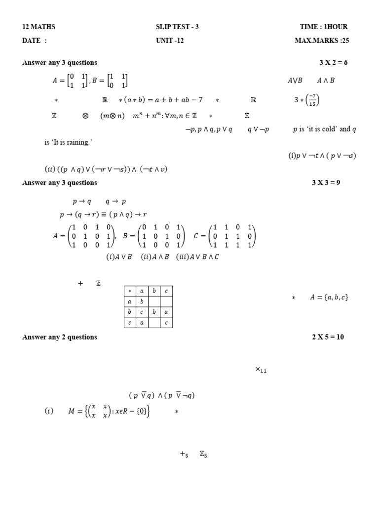 12 STD Maths em Slip Test 3 | PDF | Integer | Mathematics 12 STD Maths em Slip Test 3 | PDF | Integer | Mathematics