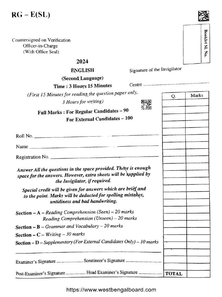 WB Board Class 10 English Second Language RG e SL 2024 | PDF