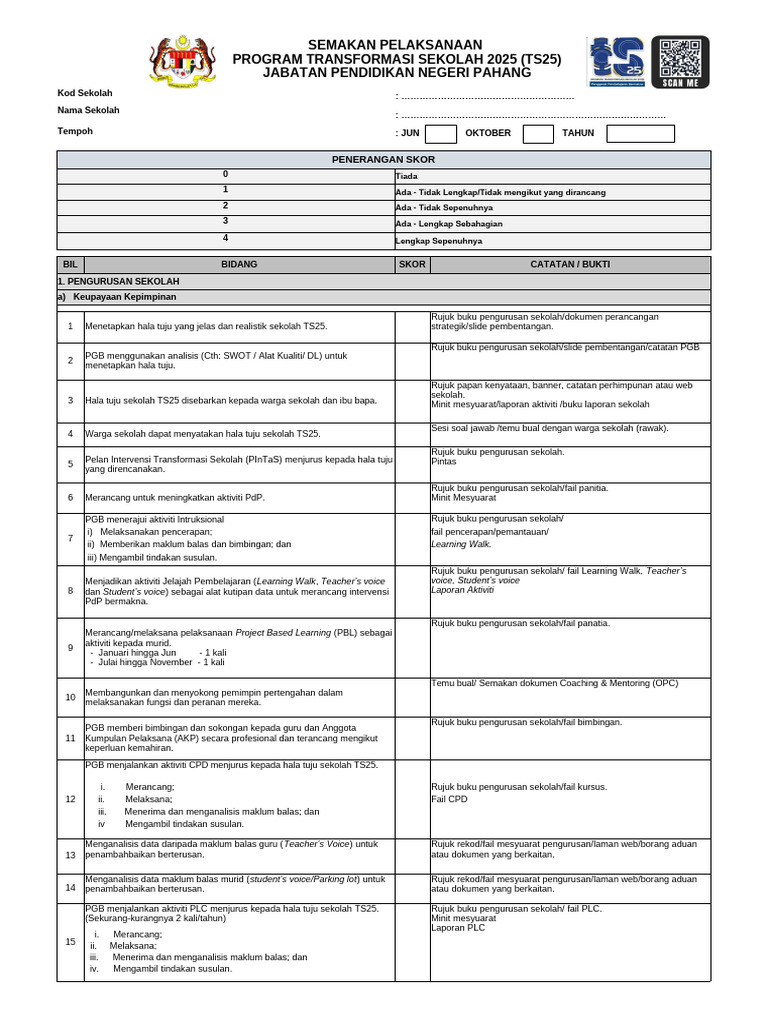 Borang Semakan Laksana TS25 JPN Pahang 2023 | PDF