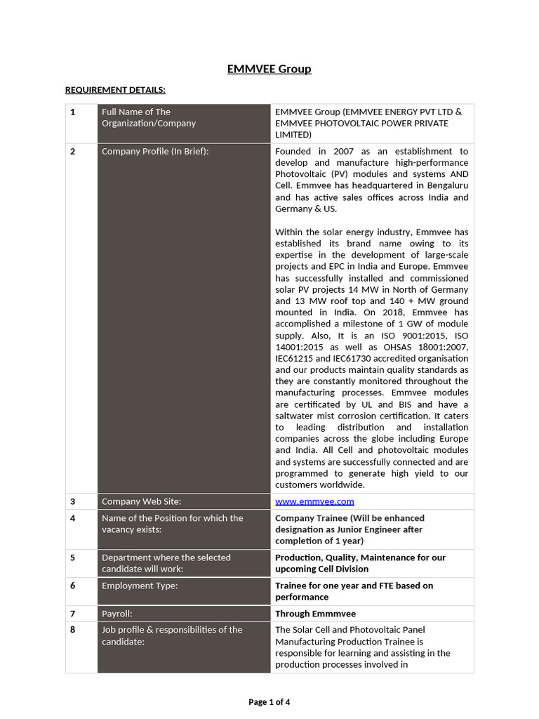 Emmvee - Trainee JD & Interview Process | PDF | Photovoltaics | Solar Cell